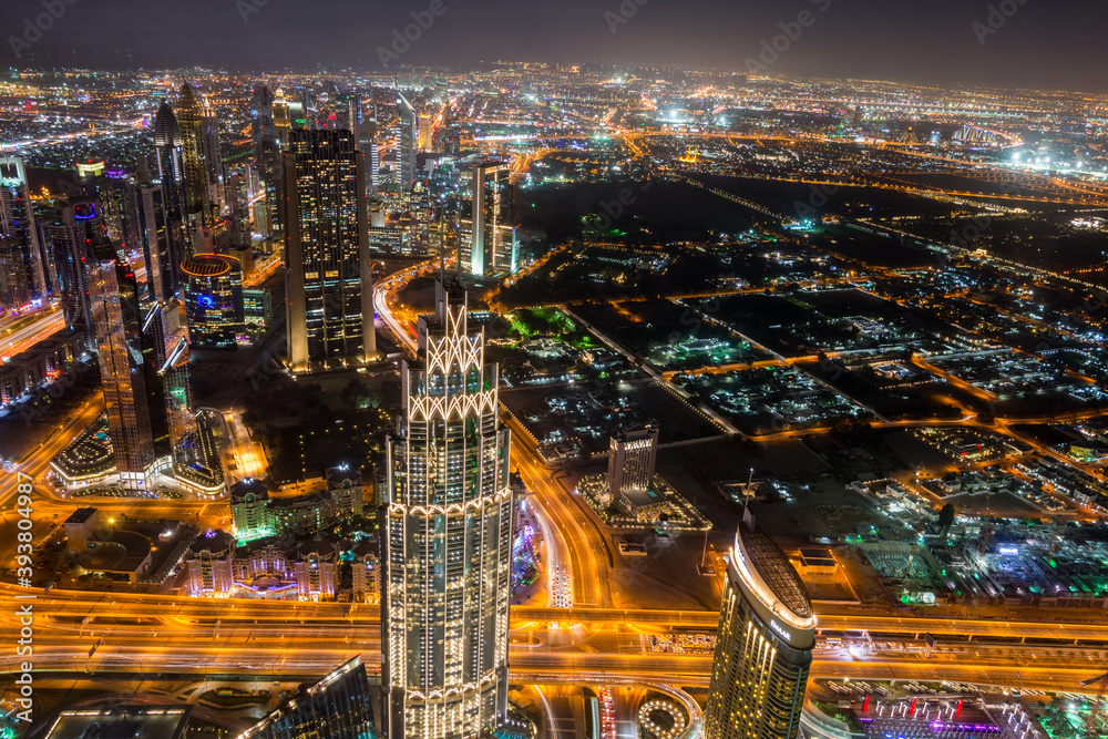 Night aerial view of Dubai from the top of Burj Khalifa Tower in Dubai ...