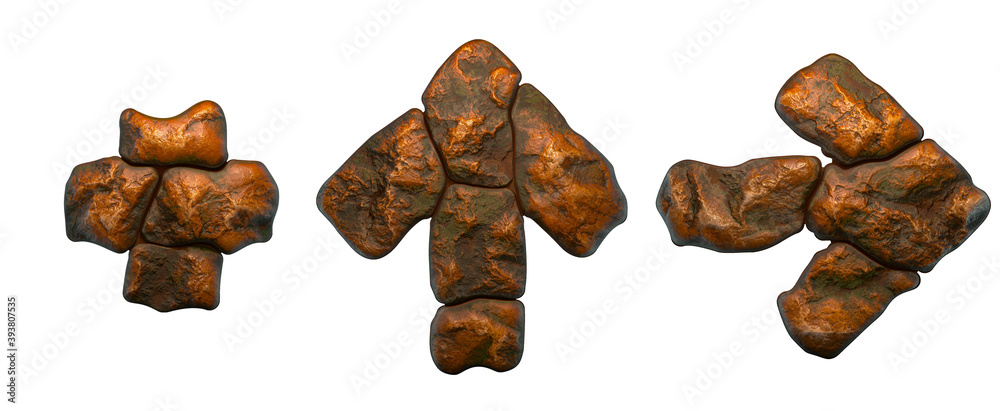 Set of rocky symbols plus, up arrow and right arrow. Font of stone on ...