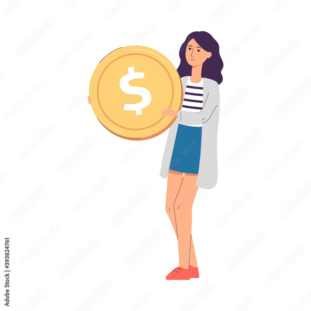 Woman is holding a huge gold coin with a dollar sign a vector ...