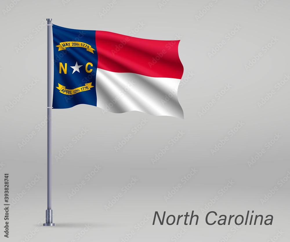 Waving flag of North Carolina - state of United States on flagpole ...