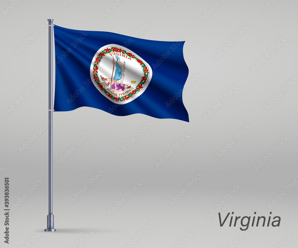 Waving flag of Virginia - state of United States on flagpole. Template ...