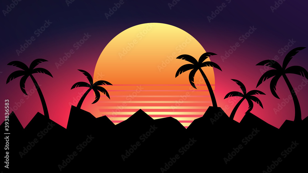 80s style retro background with sun and silhouettes of palm trees ...