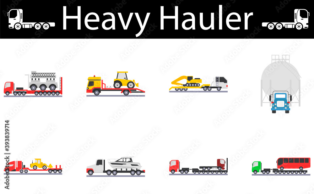 Special transport, Oversize Load Vehicle Icons Set, Heavy Hauler Vector ...