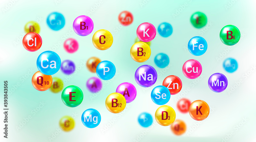 Essential vitamins and minerals. Multi Vitamin complex. Poster with ...