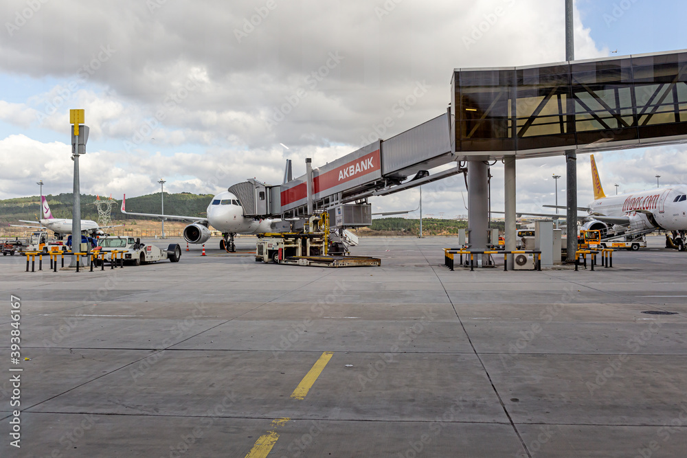 Airbus A320-232 model passenger aircraft parked on airport with jet ...