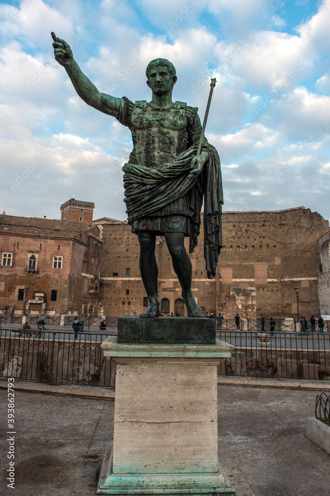 Bronze statue of the Roman Emperor Augustus on Via dei Fori Imperiali ...