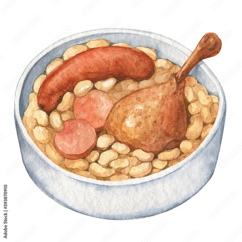 Cassoulet with goose meat, pork sausage, and beans in the pot. Hand ...