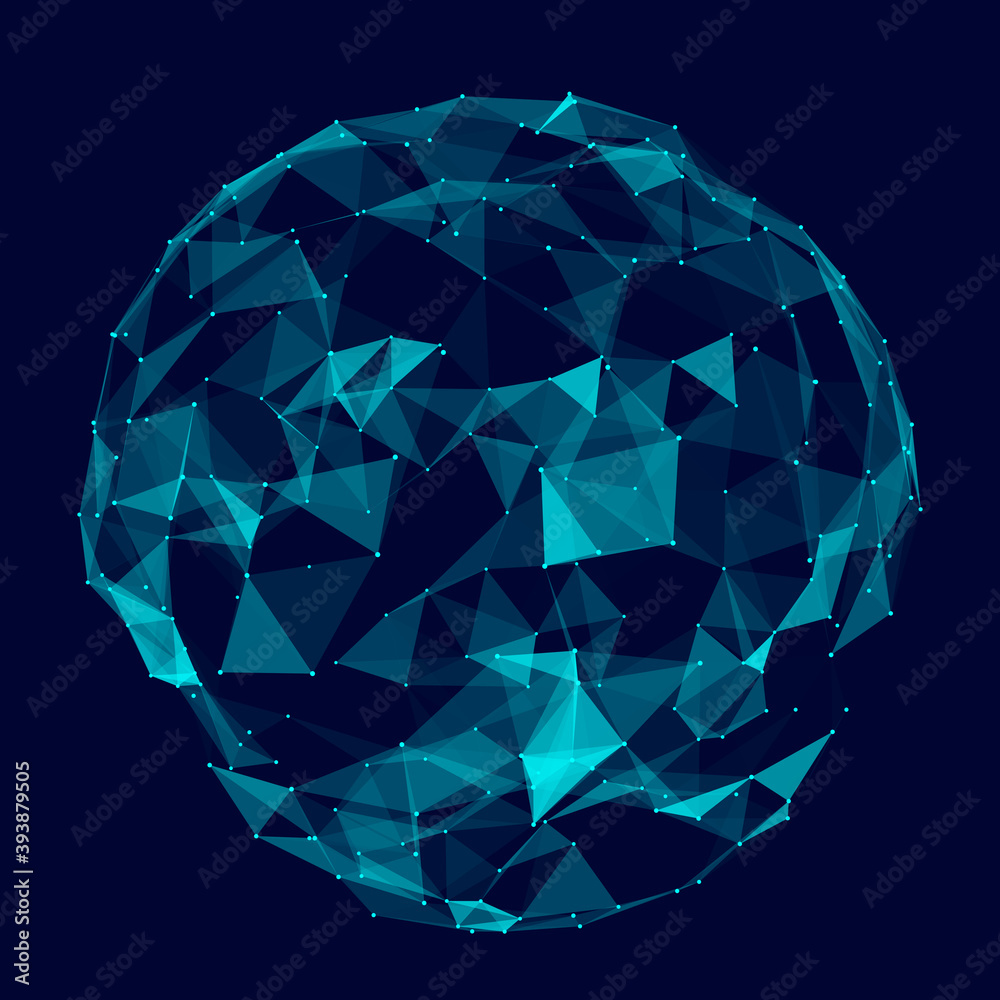 Blue sphere consisting of points, lines and triangles. Modern wireframe ...