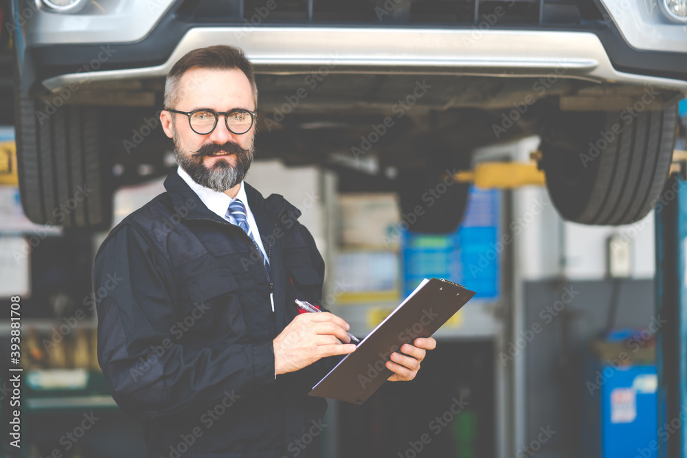 Car maintenance and automobile service garage. Portrait Beard Male ...