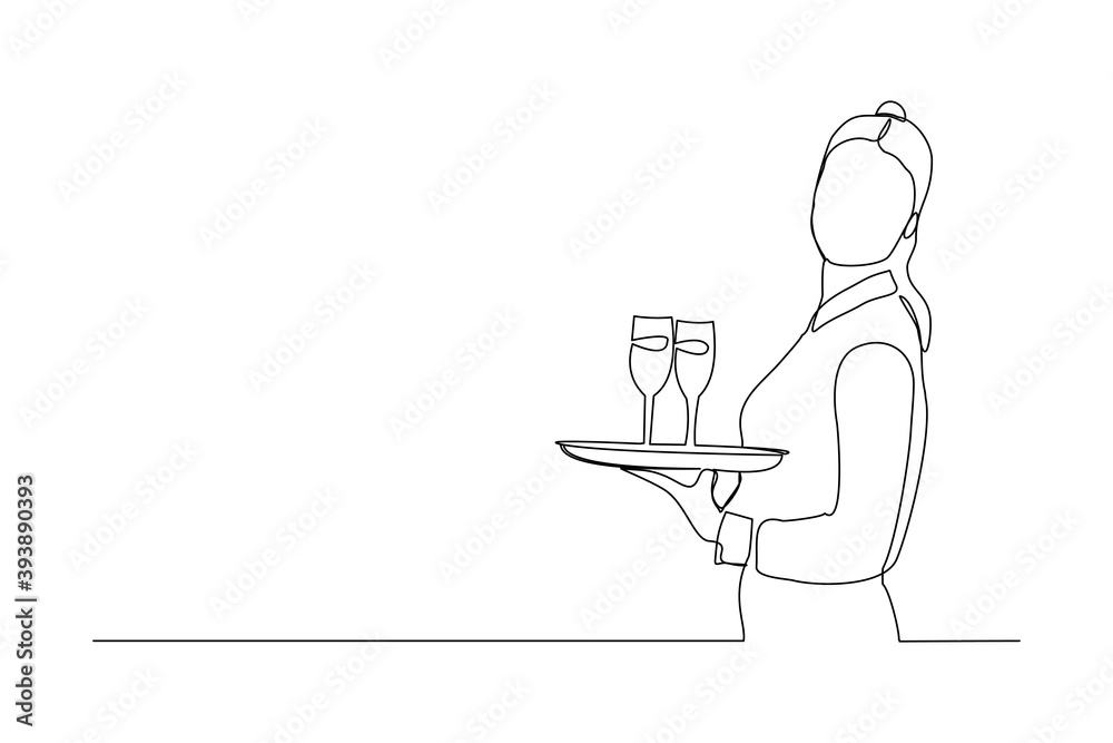 continuous line drawing of waiters holding order glass wine on the tray ...