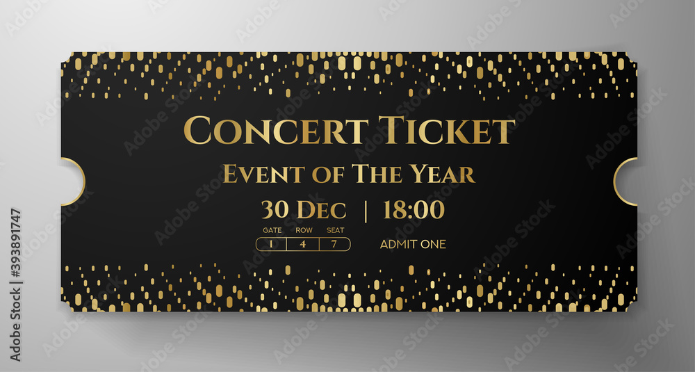Premium black and gold ticket template design. Shimmery luxury ...