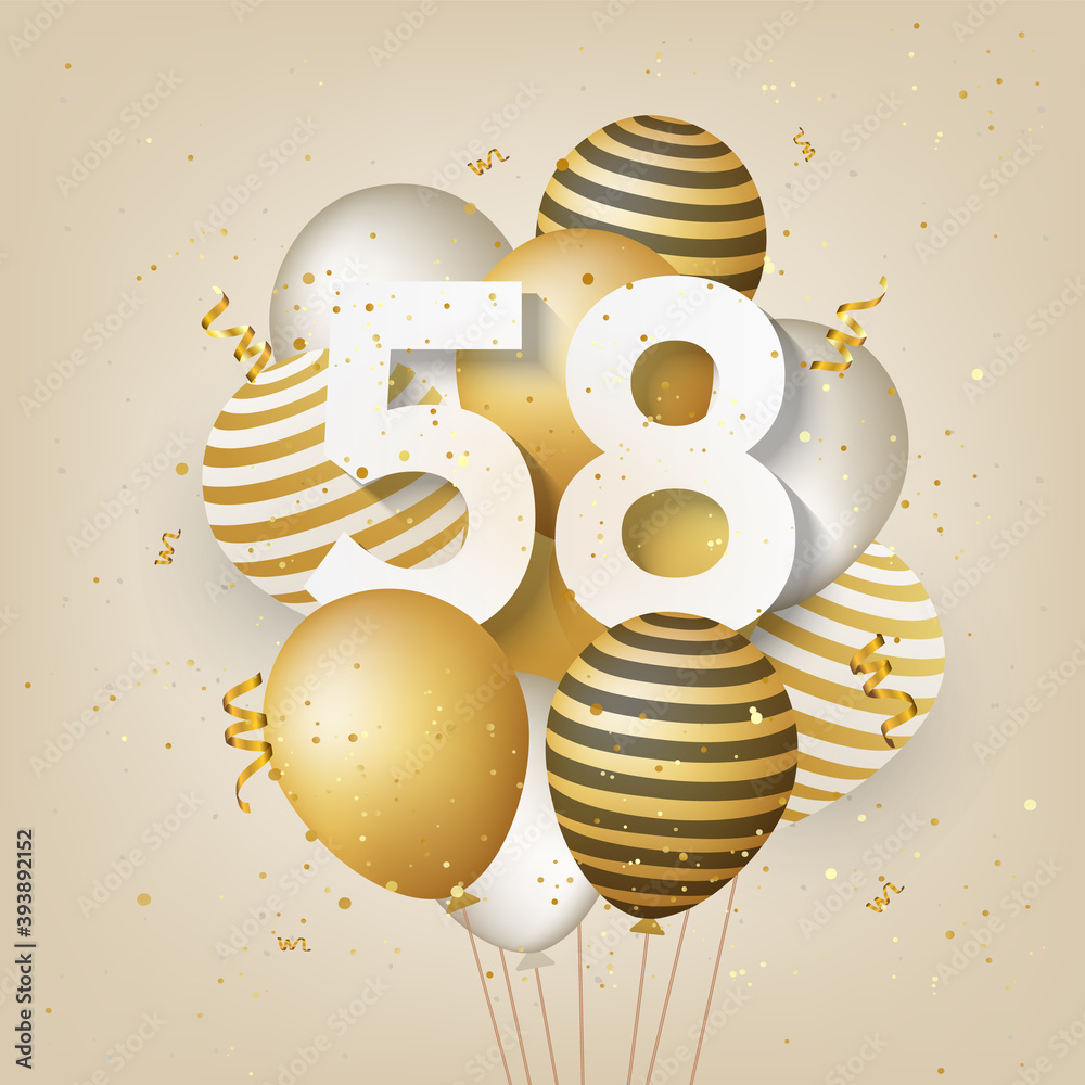 Happy 58th birthday with gold balloons greeting card background. 58 ...