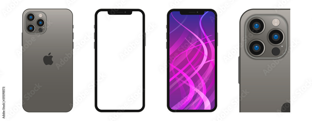 Apple iPhone 12 pro max in graphite color front and back sides. Vector ...