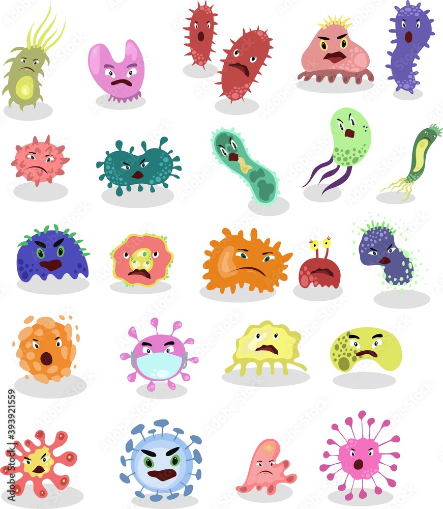 Cartoon bacteria collection set. Bacteria, superbug, virus icons set ...
