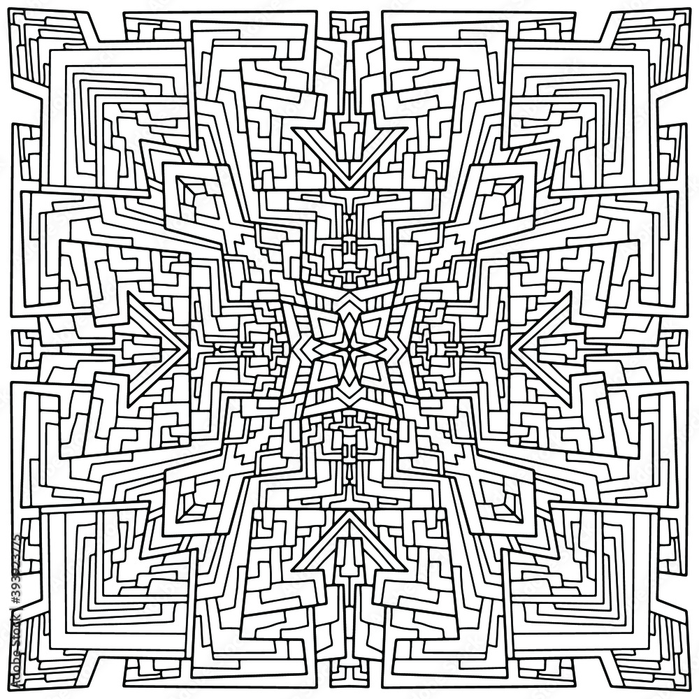 square mandala drawn with linear figures and mosaic on a white ...