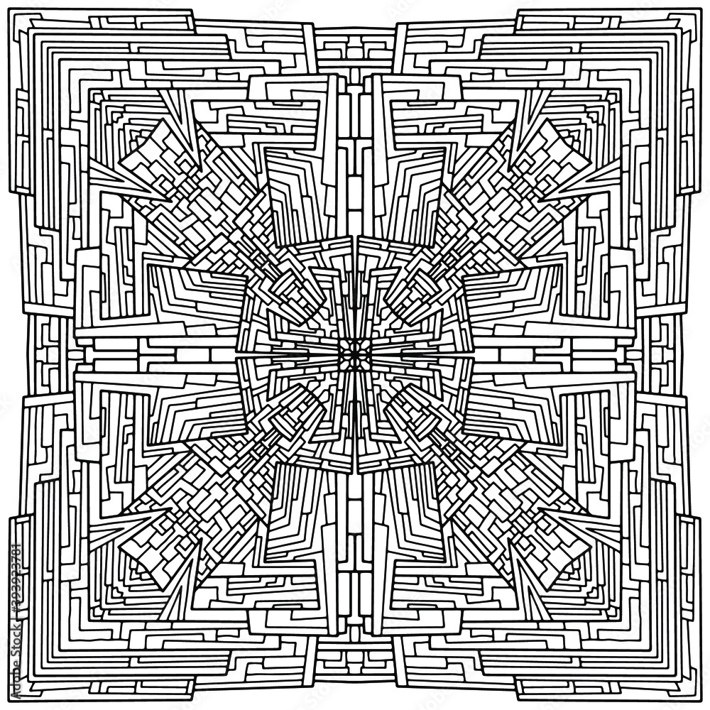 abstract square mandala drawn with figures and lines on a white ...