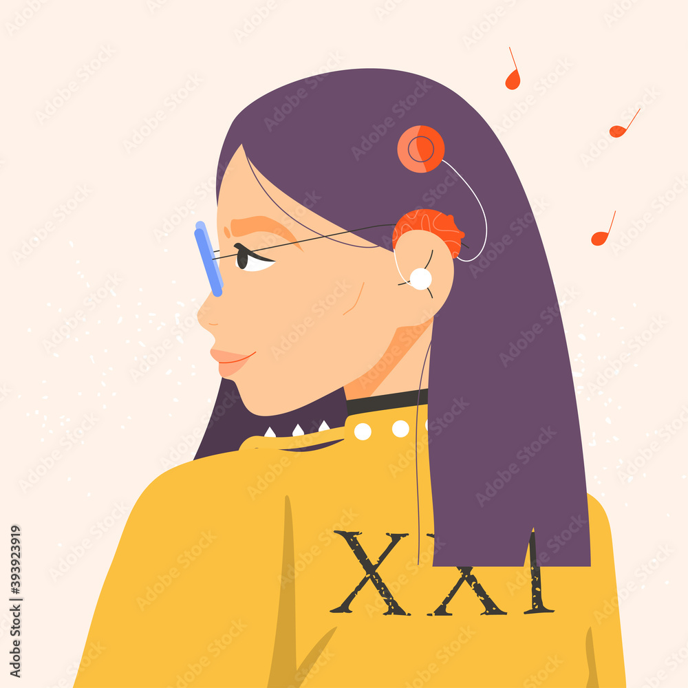 Beautiful woman with cochlear implant hearing aid. Flat vector ...