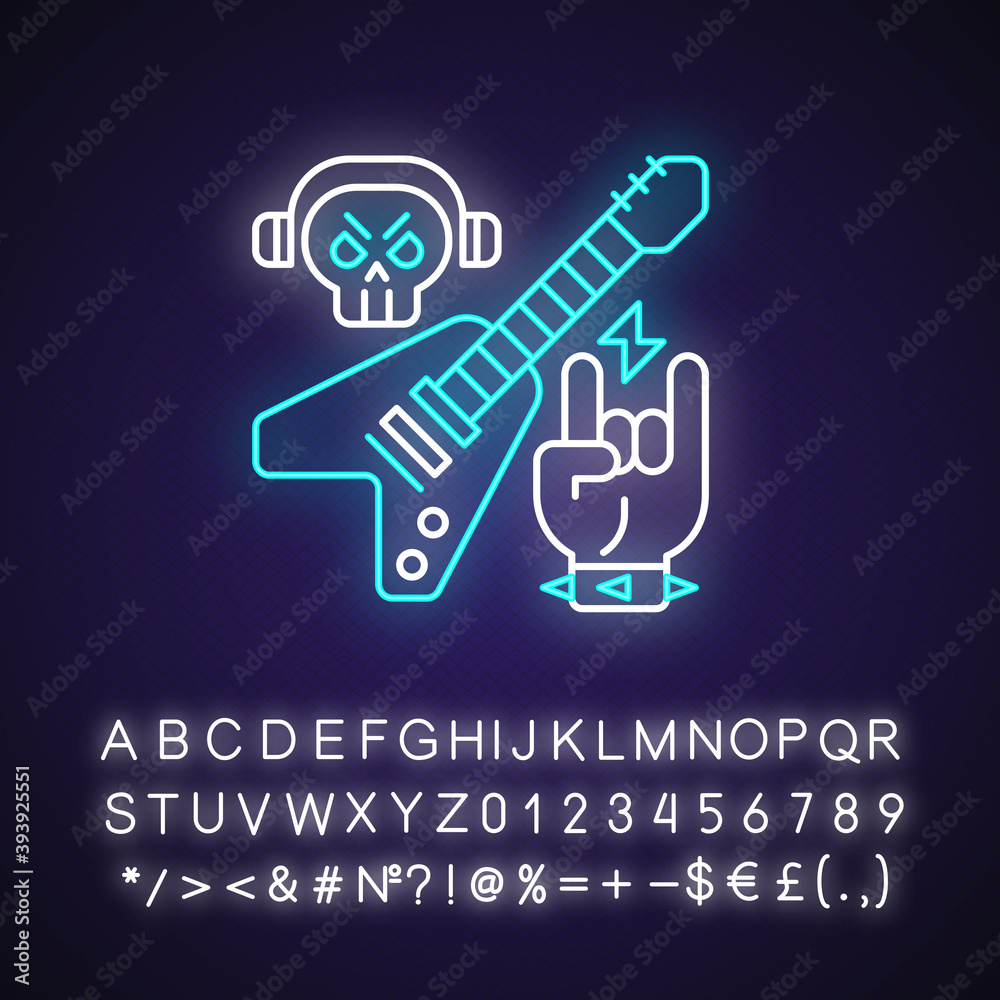 Heavy metal neon light icon. Rock songs types. Electrical guitar. Skull ...
