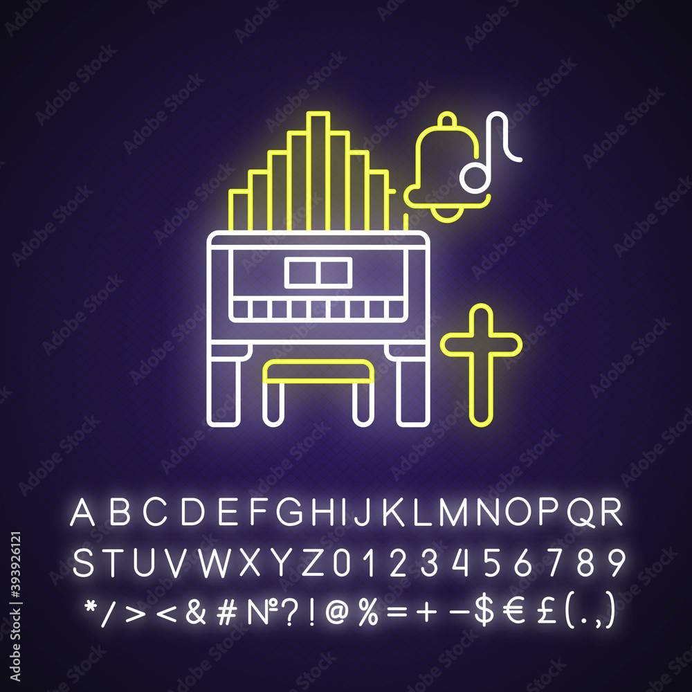 Religeous music neon light icon. Huge organs. Piano types. Bell with ...