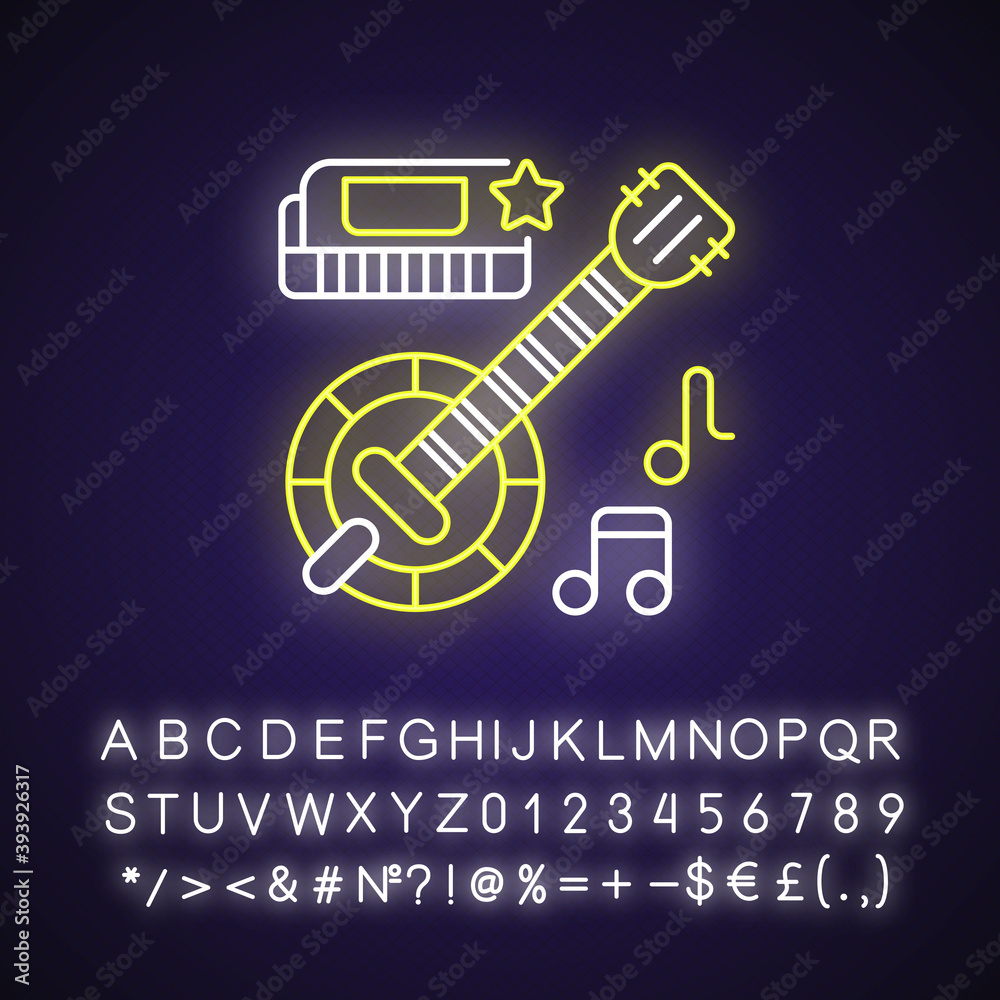 Folk music neon light icon. National songs types. Ethnic banjo guitar ...
