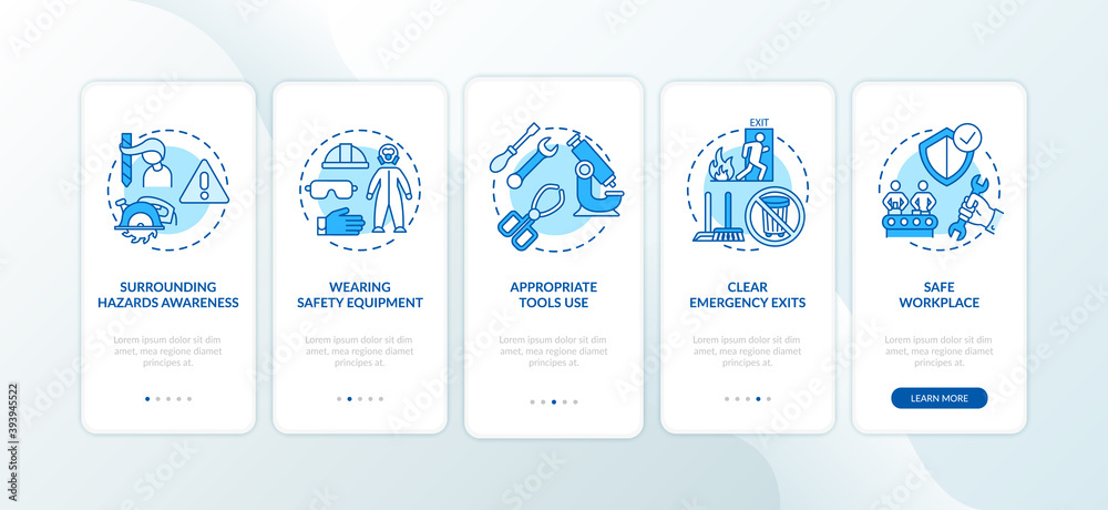 Workplace safety elements onboarding mobile app page screen with ...