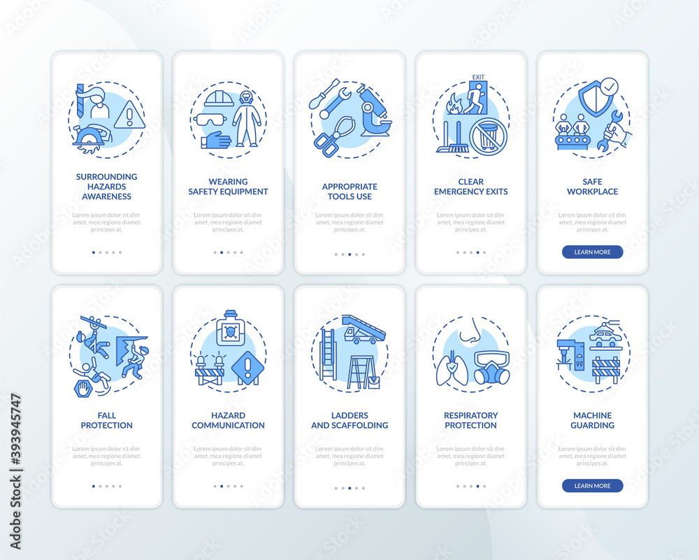 Workplace safety onboarding mobile app page screen with concepts set ...