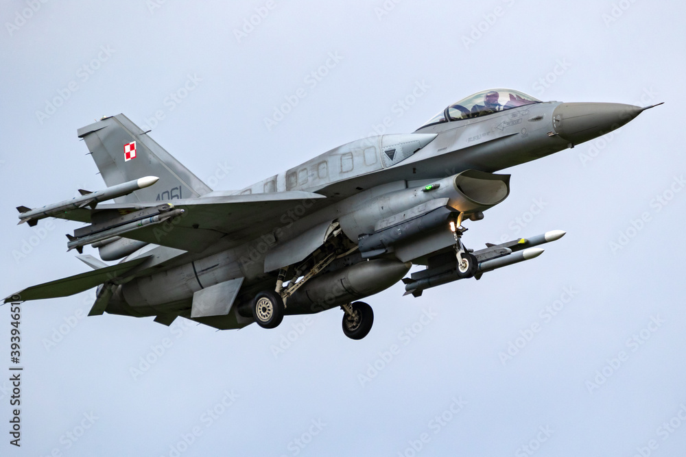 Polish AIr Force F-16 fighter jet on final approach. Stock Photo ...
