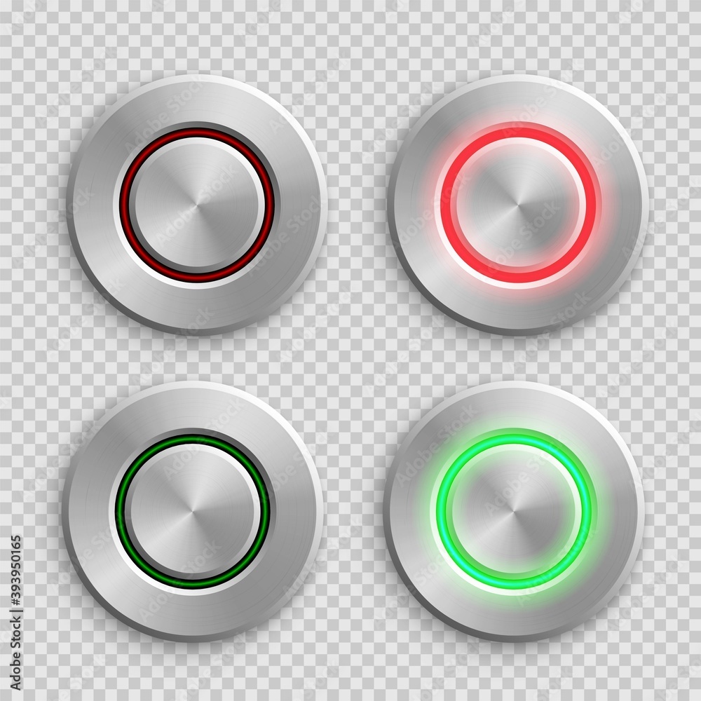 Chrome circle button set. Metal silver round 3d icons vector ...