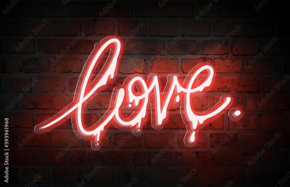 love inscription neon pattern on texture of old brick wall with mortar ...