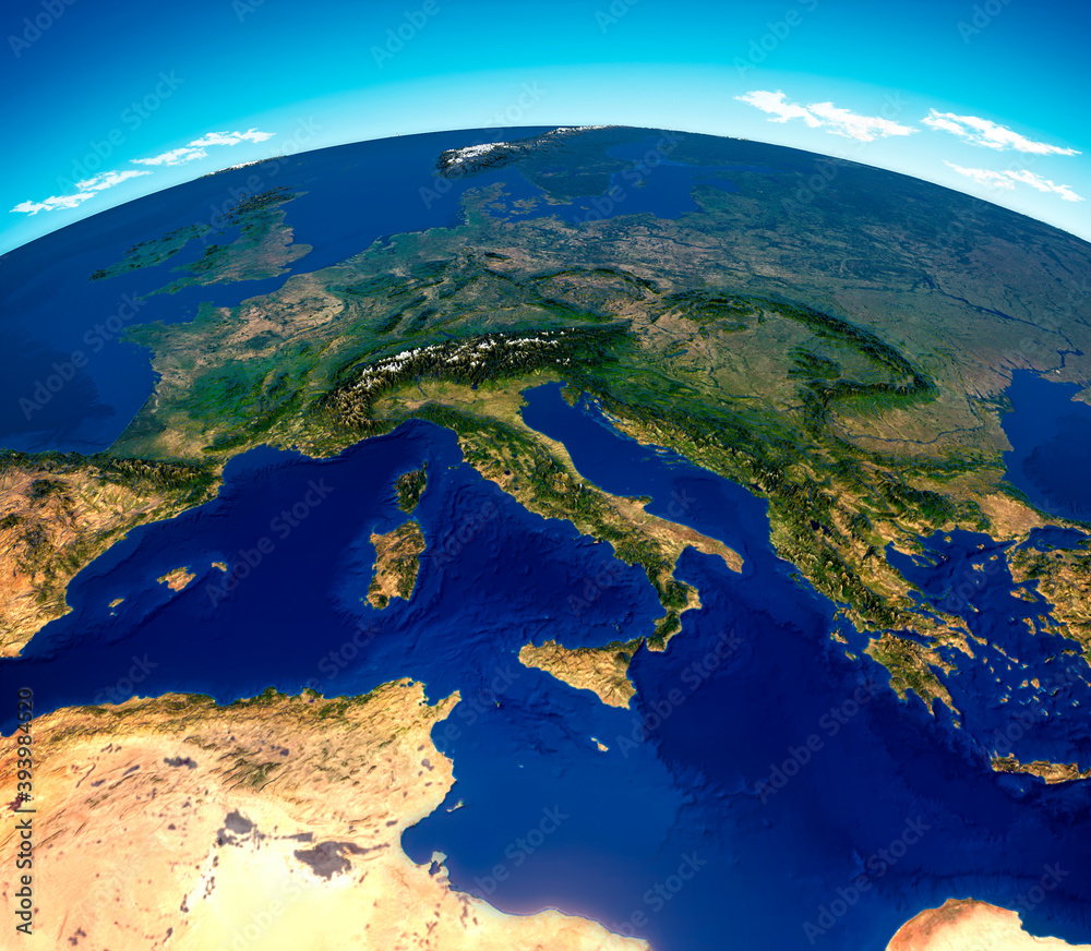Central Mediterranean map, physical map, South and Central Europe. 3d ...