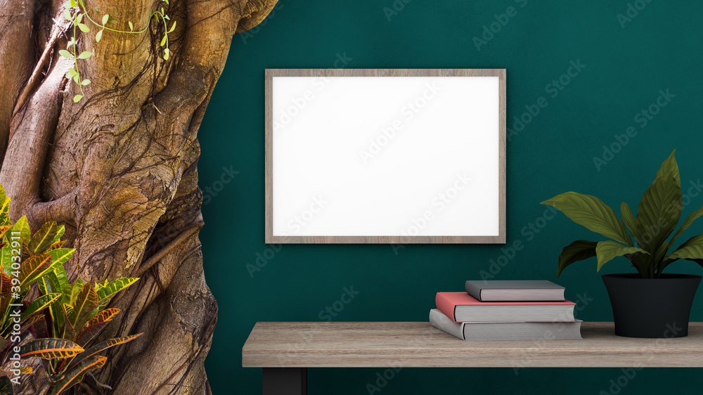 Mockup wood frame, horizontal white blank photo in nature room, 3d ...
