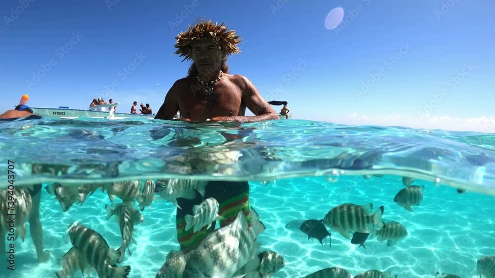 Sting ray and tropical fish swim next to a tour guide, tourist ...