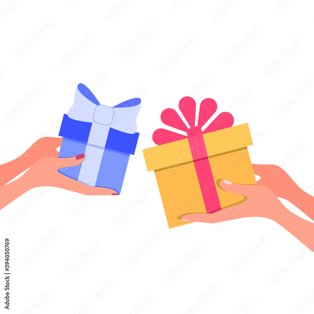 Give gifts to each other. Male and female hands are holding a box with ...