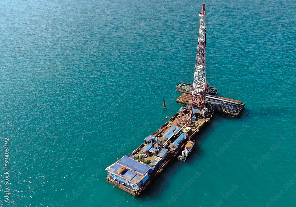Ships used for construction at sea.Aerial view of construction vessels ...