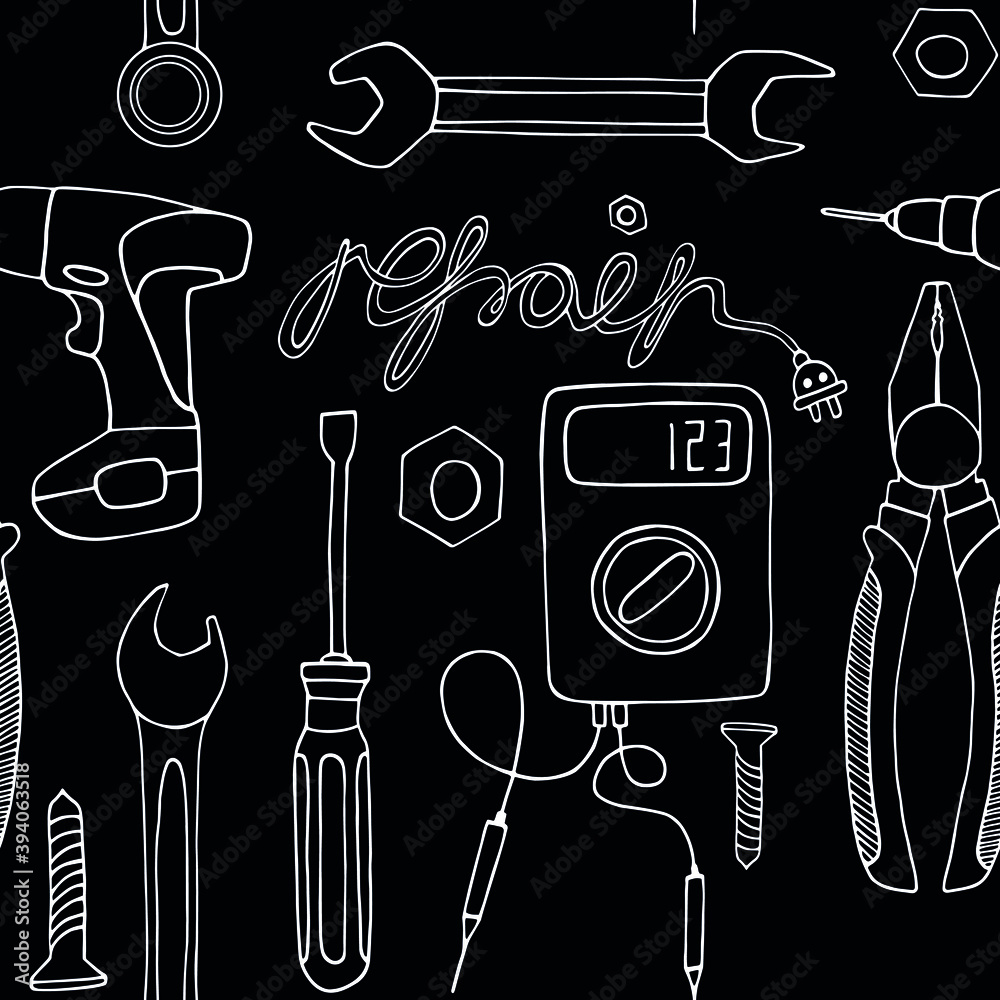 Seamless background of different repair tools on a black background. A ...