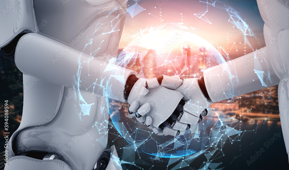 3D rendering humanoid robot handshake to collaborate future technology development by AI ...