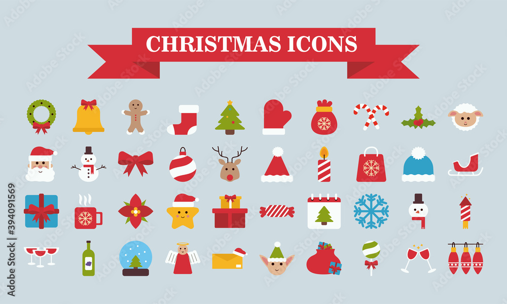 lettering in ribbon and bundle of merry christmas flat style icons ...