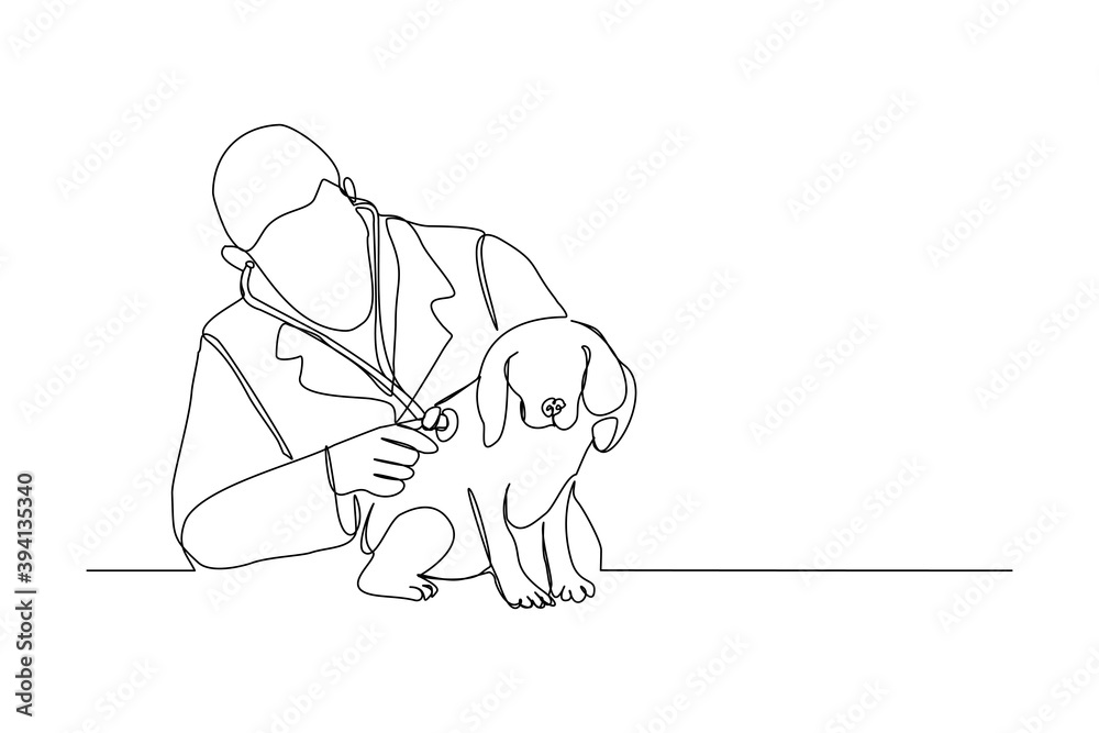 Continuous line drawing of young male veterinarian examining and take ...