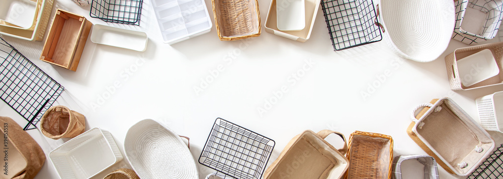 Top view of closet organization boxes and steel wire baskets in ...