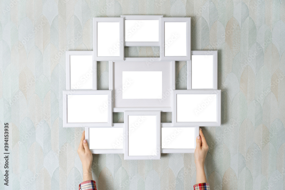 Blank empty frame for multiple photos in female hands, as mockup for ...