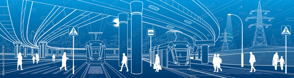 City scene. Automobile bridge, overpass. Tram rides. People walking at ...