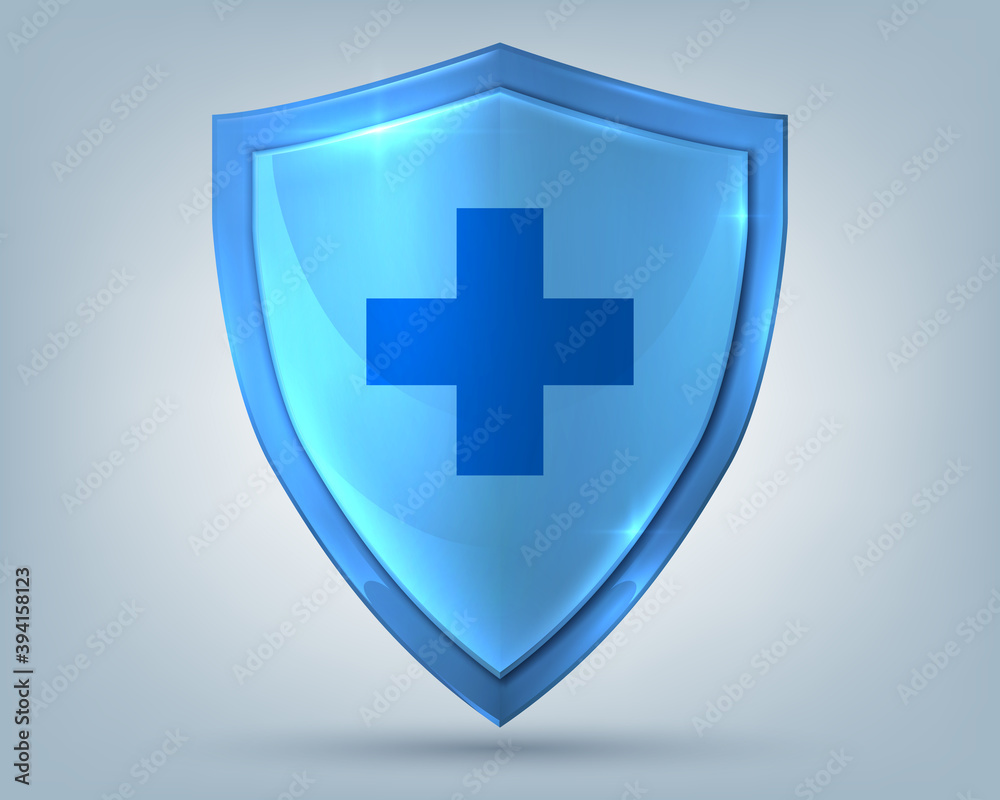 Health shield. Realistic glass protection symbol with cross sign ...