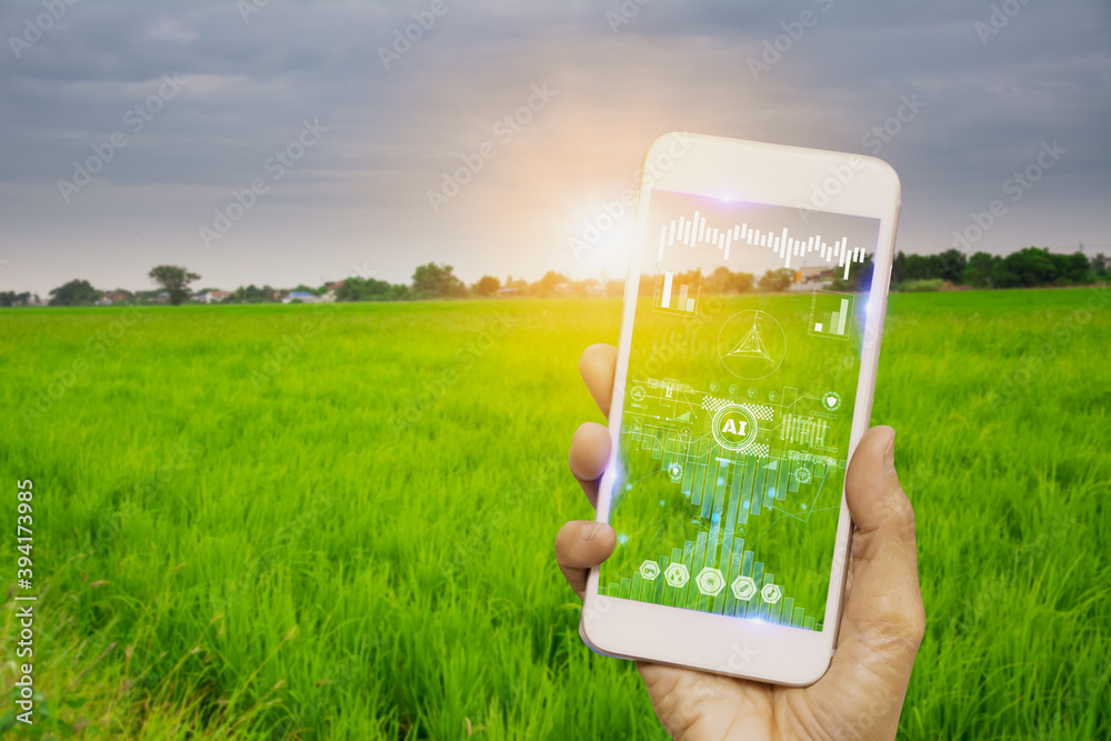 smart farmer holding smartphone,farm background,concept agricultural ...