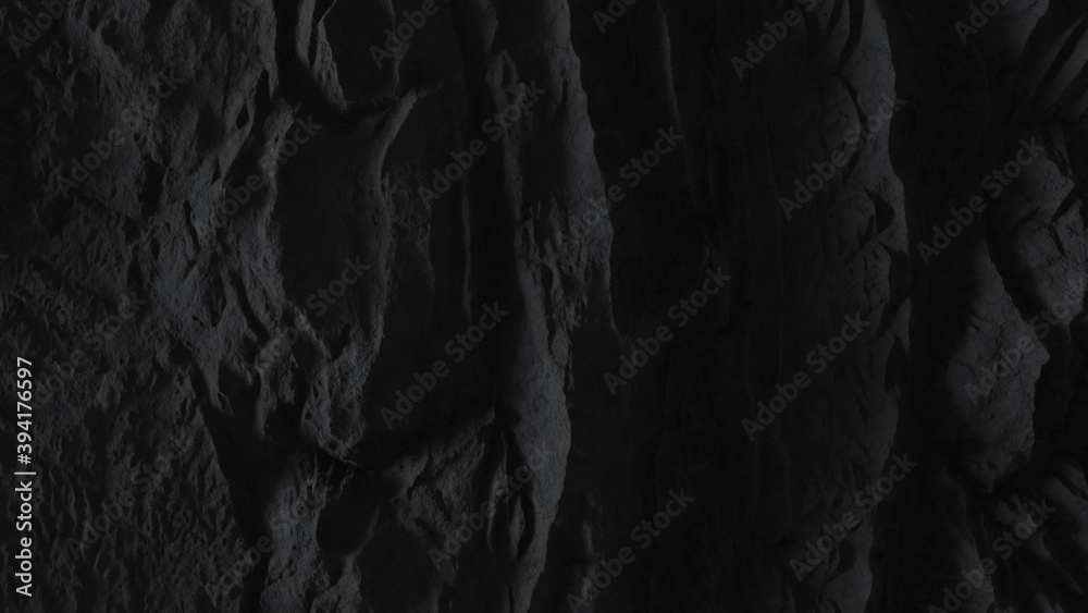 Black abstract landscape with mountains. Dark 3D render of earth relief ...