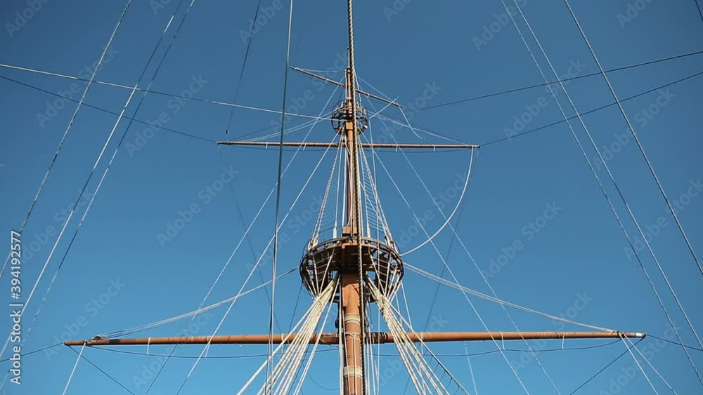 Video Stock Ancient wooden pirate ship model in Old City Port harbor of ...