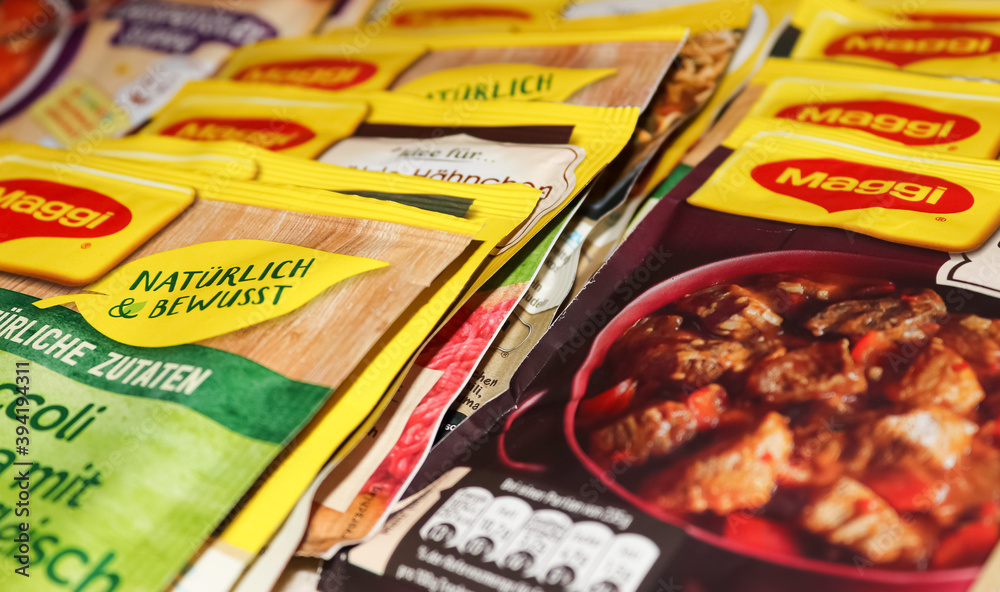 German Maggi instant sauce packages, owned by Nestle. Maggi is an ...