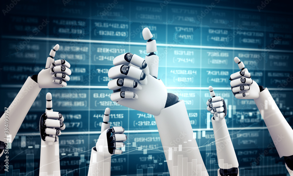 Robot humanoid hands up to celebrate money investment success achieved ...
