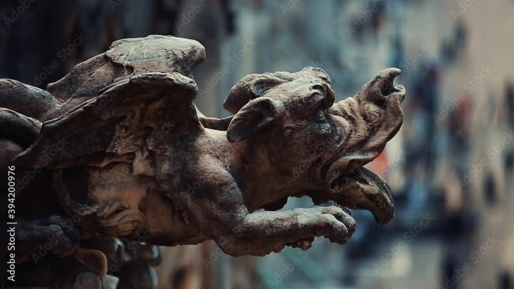 Marble stone sculptures of gargoyle on roof of Duomo di Milano filmed ...