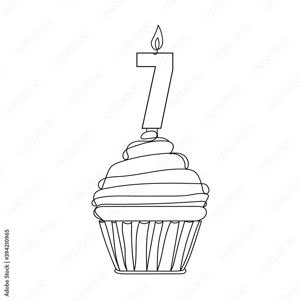 Number seven birthday or holiday celebration cupcake. One line drawing ...