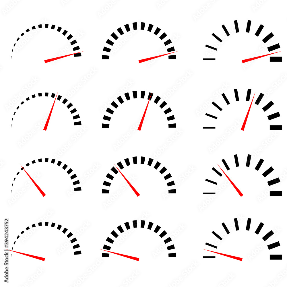 Different Gauge, Meters template. Needle set from low (minimum) to high ...